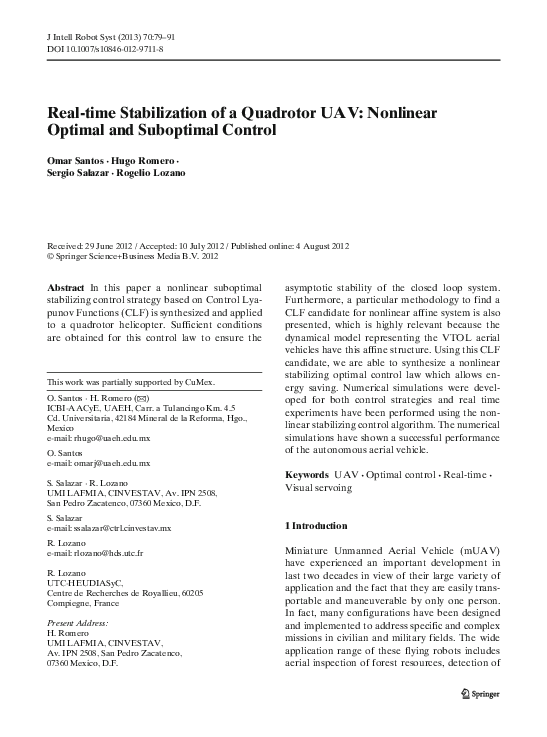 (PDF) Real-time Stabilization of a Quadrotor UAV: Nonlinear Optimal and Suboptimal Control