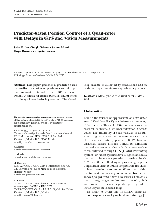 (PDF) Predictor-based Position Control of a Quad-rotor with Delays in GPS and Vision Measurements