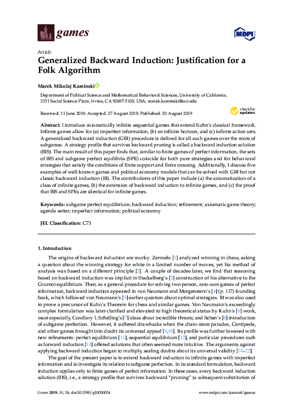 Pdf Generalized Backward Induction Justification For A Folk Algorithm