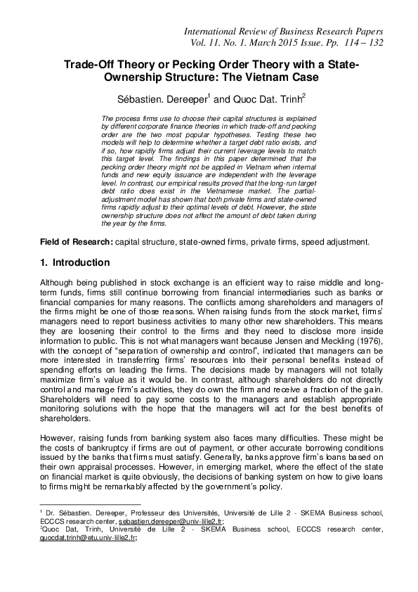 (PDF) Trade-Off Theory or Pecking Order Theory with a State- Ownership Structure: The Vietnam Case
