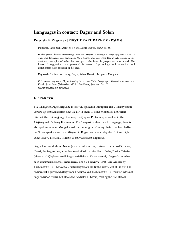(PDF) Languages in contact: Solon and Dagur - Revision 1