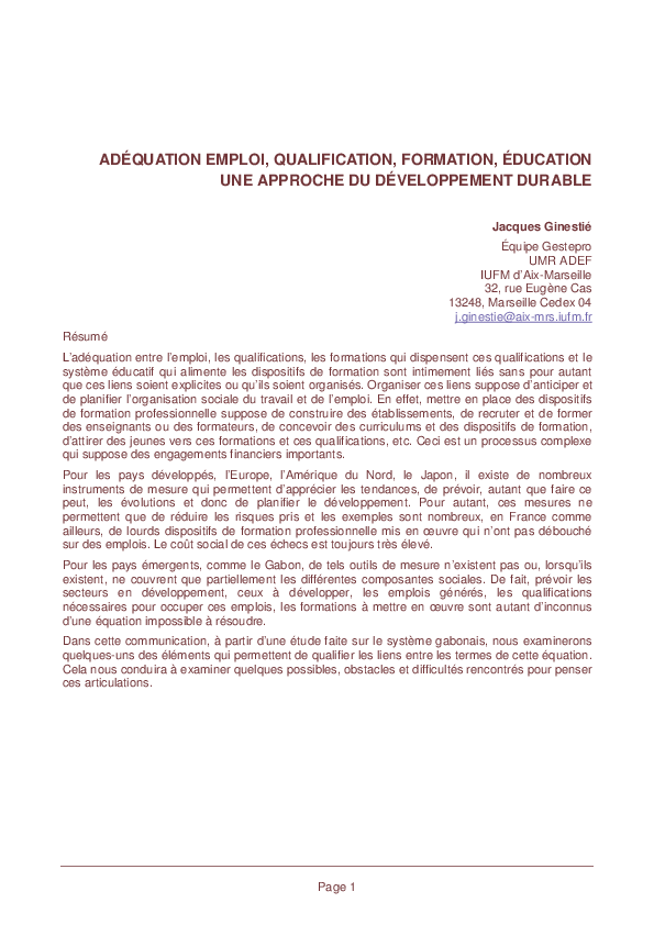 (PDF) Adéquation emploi, qualification, formation, éducation: une ...