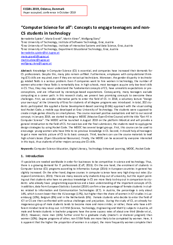 (PDF) "Computer Science for all": Concepts to engage teenagers and non ...