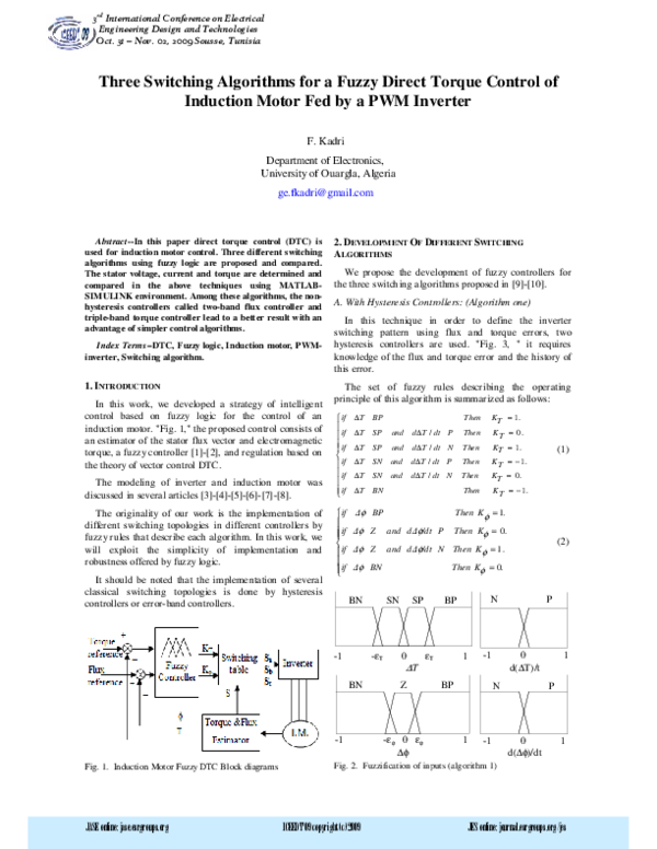 Pdf Three Switching Algorithms For A Fuzzy Direct Torque Control Of Induction Motor Fed By A