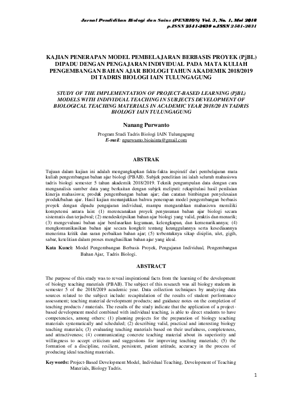 (PDF) Kajian Penerapan Model Pembelajaran Berbasis Proyek (PjBL) Dipadu Dengan Pengajaran ...
