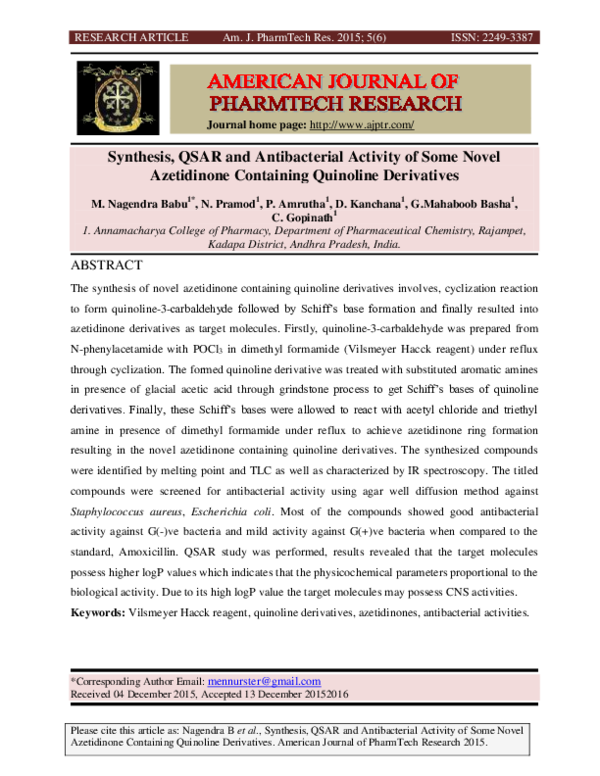(PDF) Synthesis, QSAR and Antibacterial Activity of Some Novel Azetidinone Containing Quinoline ...