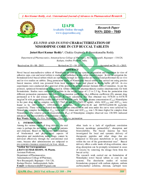 (PDF) EX-VIVO AND IN-VIVO CHARACTERIZATION OF NIMODIPINE CORE IN CUP ...