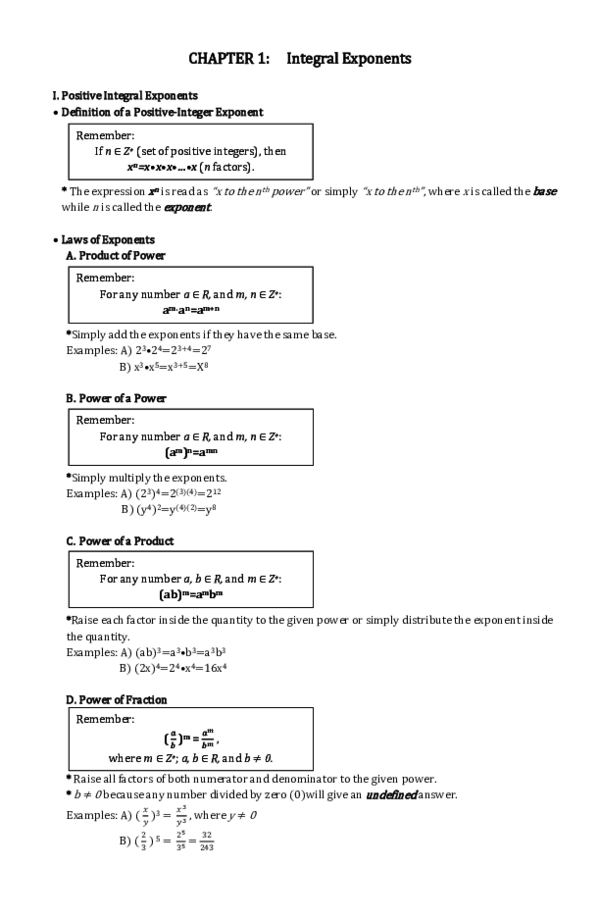(DOC) CHAPTER 1: Integral Exponents Positive Integral Exponents ...