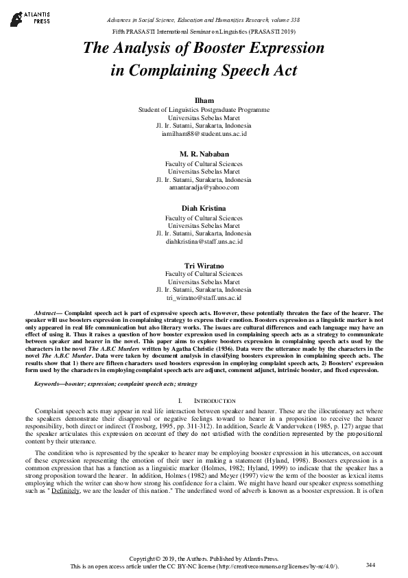 (PDF) The Analysis of Booster Expression in Complaining Speech Act
