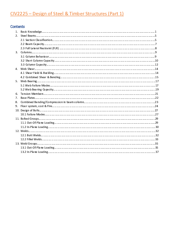 (PDF) CIV2225 -Design of Steel & Timber Structures (Part 1) Contents