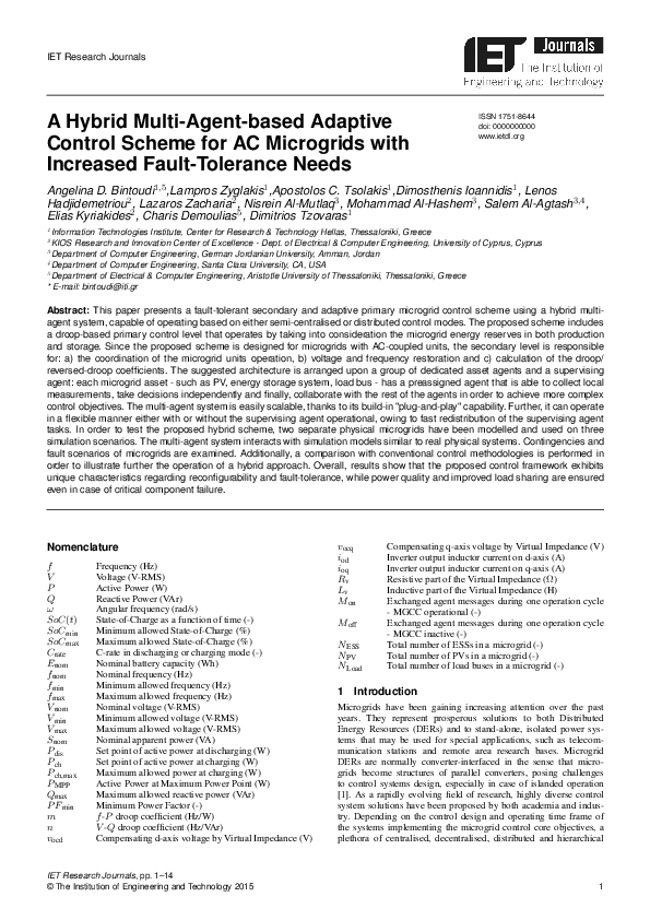 Pdf A Hybrid Multi Agent Based Adaptive Control Scheme For Ac Microgrids With Increased Fault