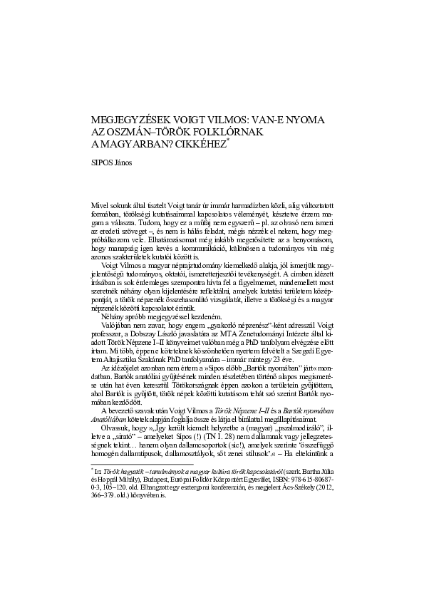 (PDF) Sipos János, Megjegyzések Voigt Vilmos: Van-e nyoma az oszmán-török folklórnak a magyarban ...