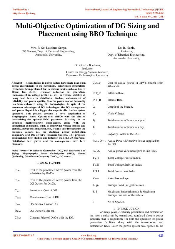 Pdf Optimizing Dg Sizing And Placement Using Bbo Technique