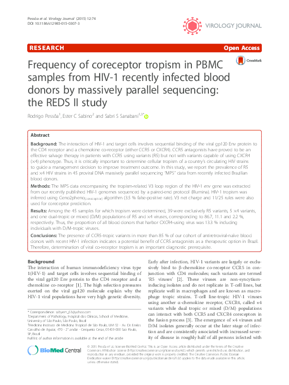 (PDF) Frequency of coreceptor tropism in PBMC samples from HIV-1 recently infected blood donors ...