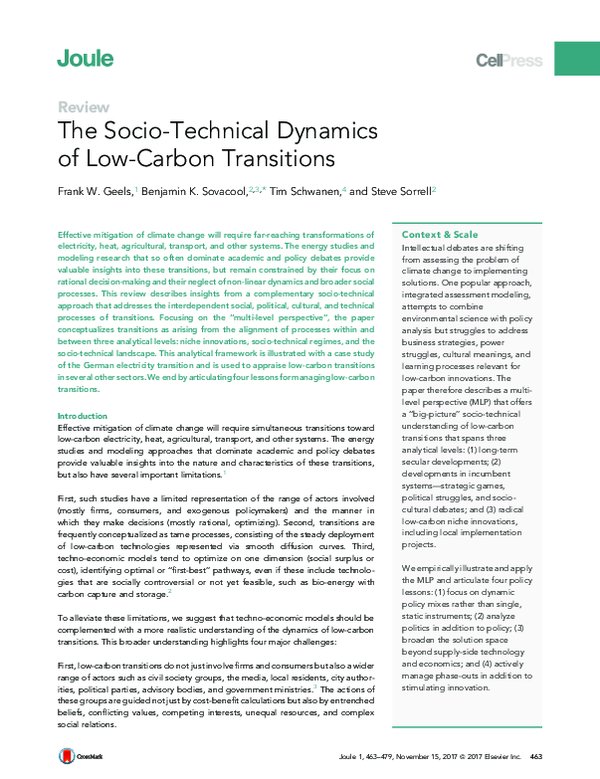 (PDF) The Socio-Technical Dynamics of Low-Carbon Transitions