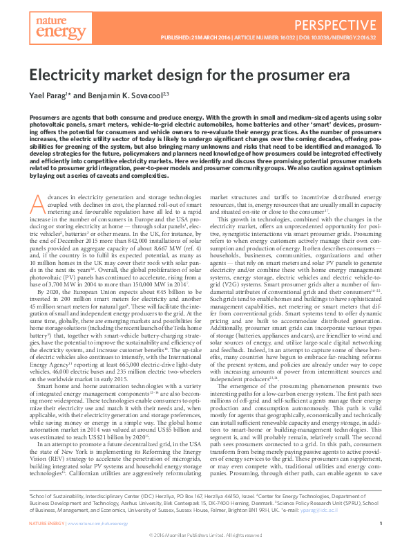 (PDF) Electricity market design for the prosumer era