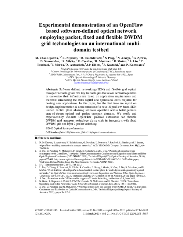 (PDF) Experimental demonstration of an OpenFlow based software-defined optical network employing ...