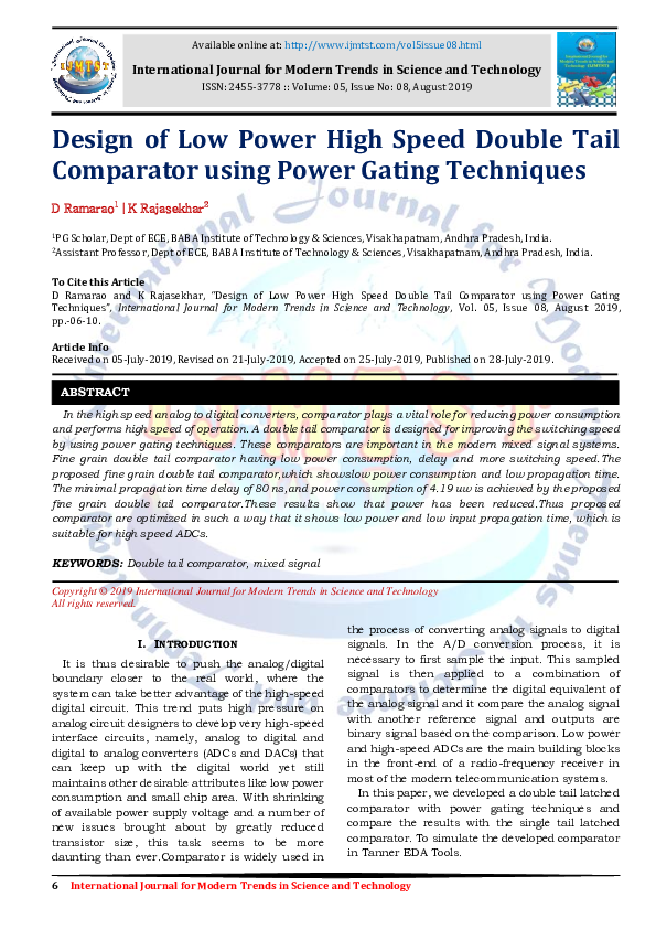 Pdf Design Of Low Power High Speed Double Tail Comparator Using Power Gating Techniques