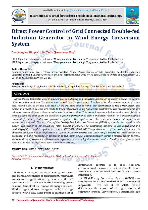 Pdf Direct Power Control Of Grid Connected Double Fed Induction Generator In Wind Energy
