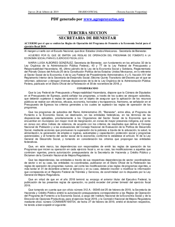 (PDF) PDF generado por www.agroproyectos.org TERCERA SECCION SECRETARIA DE BIENESTAR ACUERDO por ...