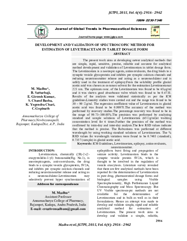 Pdf Development And Validation Of Spectroscopic Method For Estimation Of Levetiracetam In