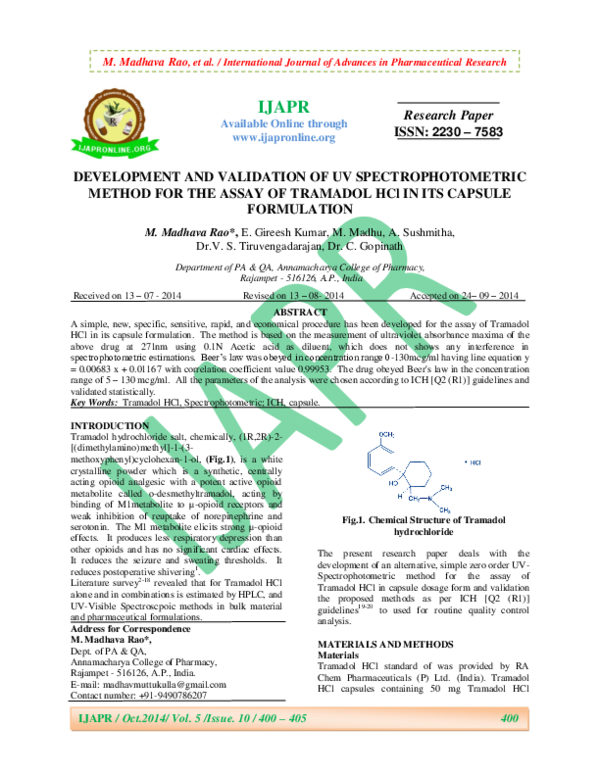 Pdf Development And Validation Of Uv Spectrophotometric Method For