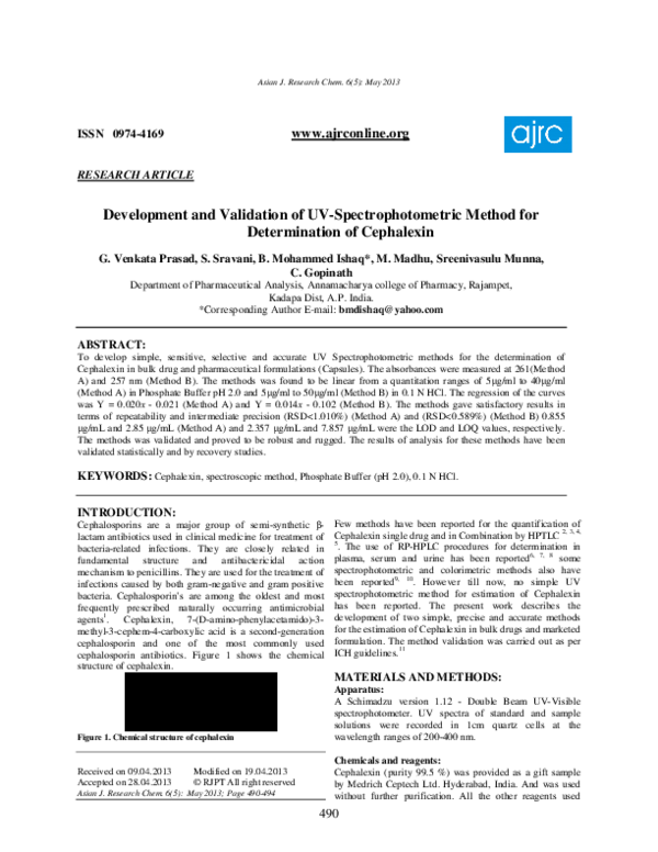 Pdf Development And Validation Of Uv Spectrophotometric Method For Determination Of Cephalexin
