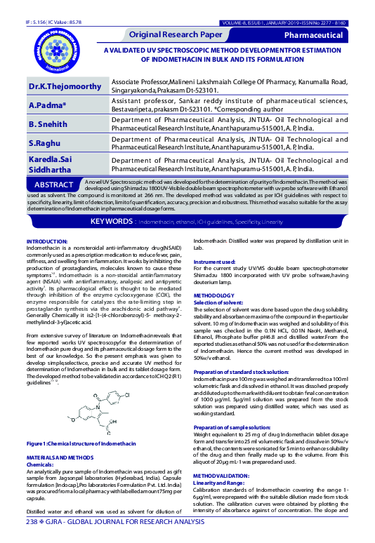 Pdf A Validated Uv Spectroscopic Method Developmentfor Estimation Of Indomethacin In Bulk And