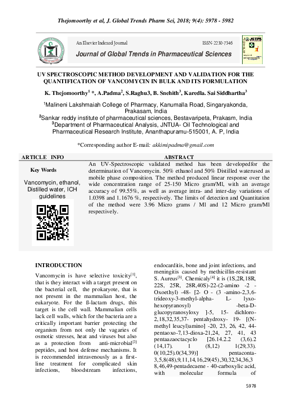 (PDF) UV SPECTROSCOPIC METHOD DEVELOPMENT AND VALIDATION FOR THE QUANTIFICATION OF VANCOMYCIN IN ...