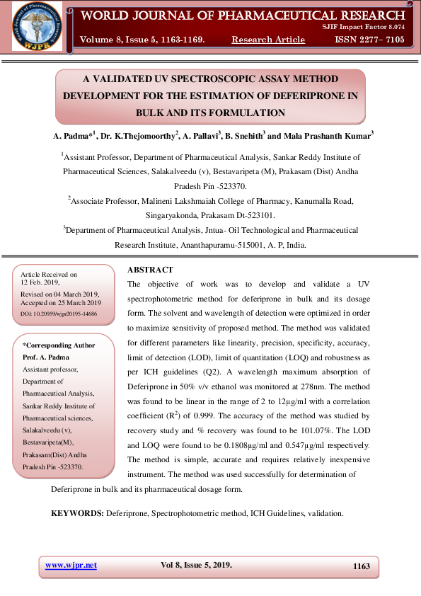 Pdf A Validated Uv Spectroscopic Assay Method Development For The Estimation Of Deferiprone In