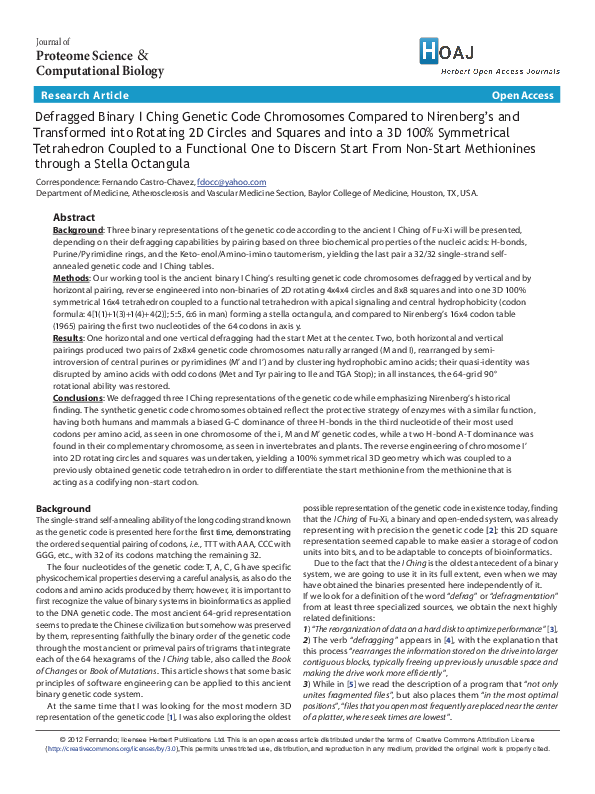 (PDF) Defragged binary I Ching genetic code chromosomes compared to ...