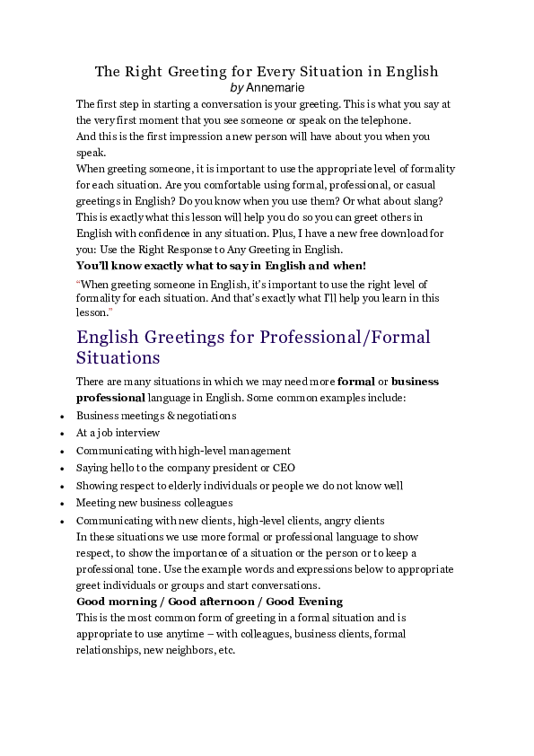 (DOC) The Right Greeting for Every Situation in English