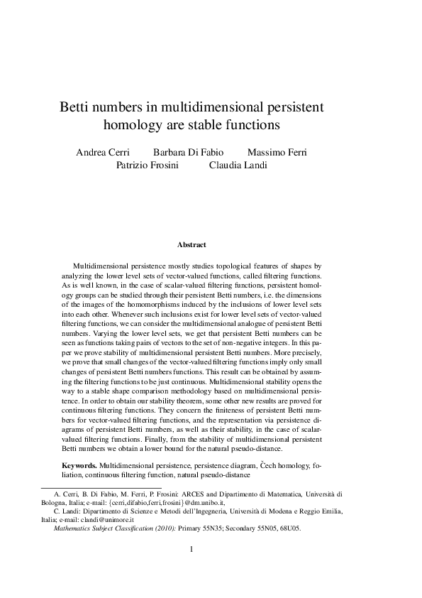 (PDF) Betti numbers in multidimensional persistent homology are stable functions