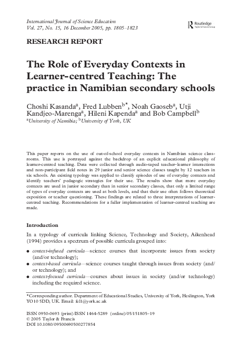 (PDF) The Role of Everyday Contexts in Learner‐centred Teaching: The practice in Namibian ...