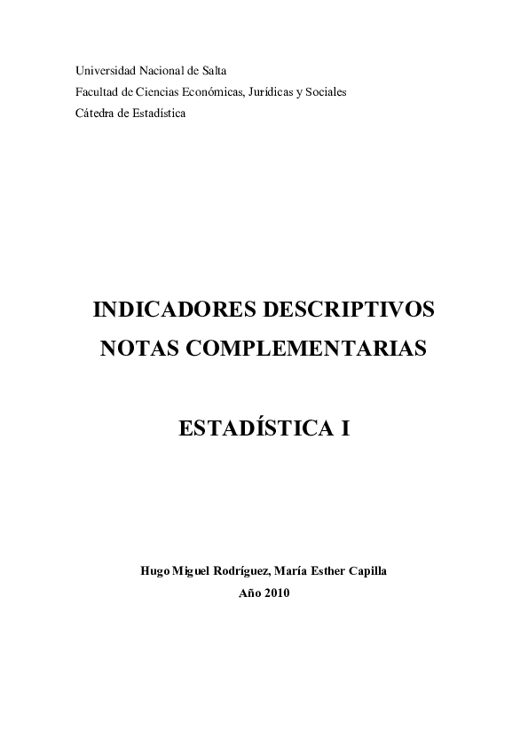 (PDF) Universidad Nacional de Salta INDICADORES DESCRIPTIVOS NOTAS COMPLEMENTARIAS ESTADÍSTICA I