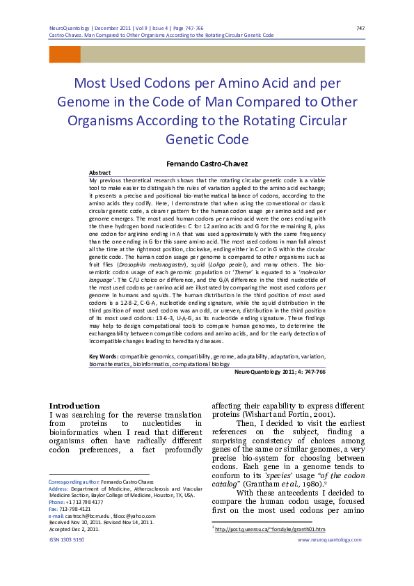 Pdf Castro Chavez F Most Used Codons Per Amino Acid And Per Genome In The Code Of Man