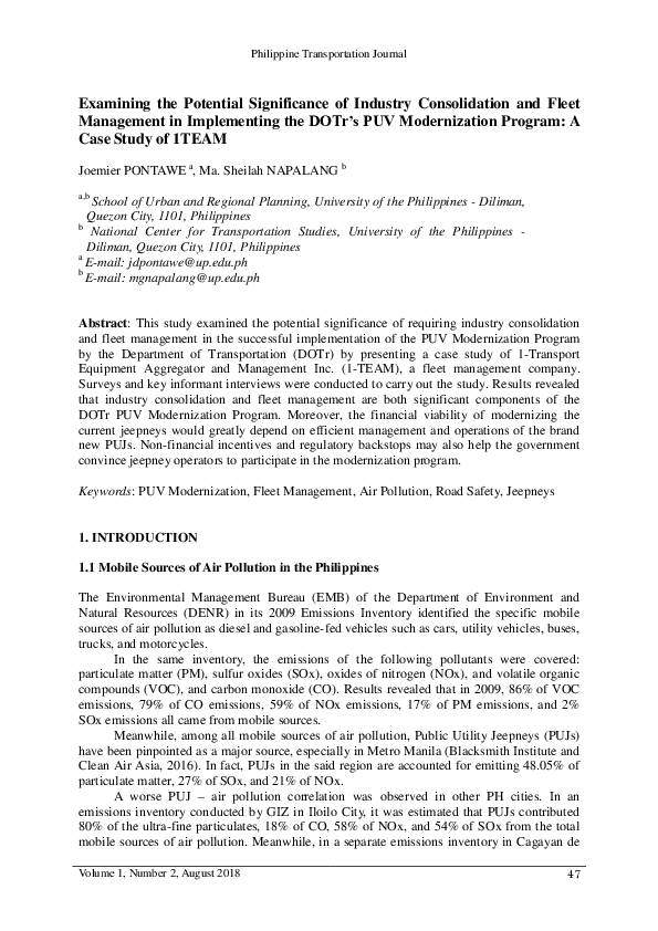 (PDF) Impact of Fleet Management on PUV Modernization