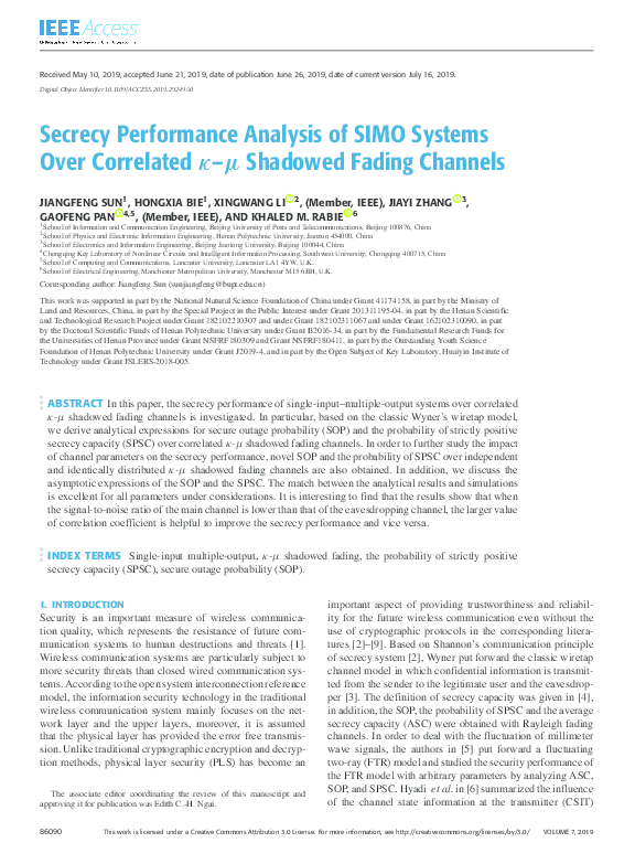 (PDF) Secrecy Performance Analysis of SIMO Systems Over Correlated κ-µ Shadowed Fading Channels
