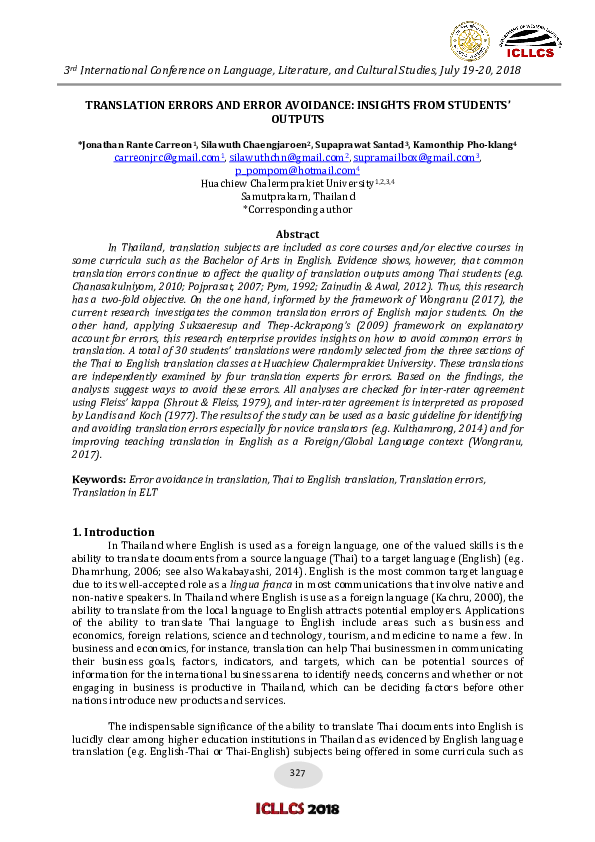 (PDF) TRANSLATION ERRORS AND ERROR AVOIDANCE: INSIGHTS FROM STUDENTS ...