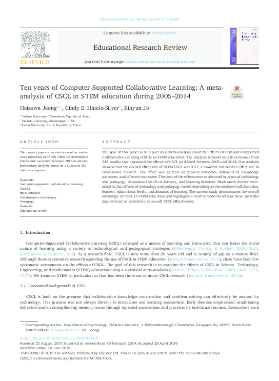Pdf Ten Years Of Computer Supported Collaborative Learning A Meta Analysis Of Cscl In Stem