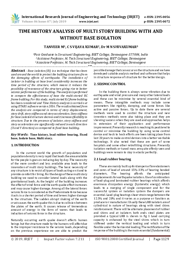 Pdf Irjet Time History Analysis Of Multi Story Building With And Without Base Isolation
