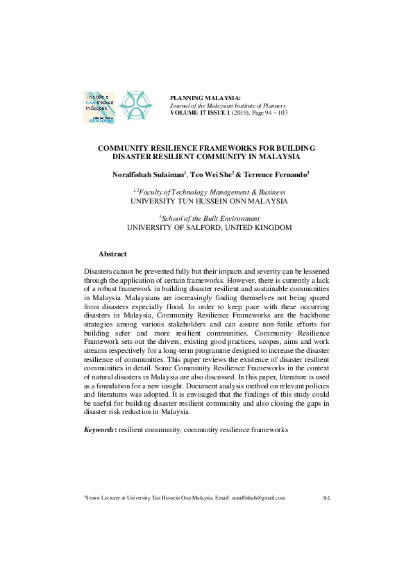 (PDF) COMMUNITY RESILIENCE FRAMEWORKS FOR BUILDING DISASTER RESILIENT ...