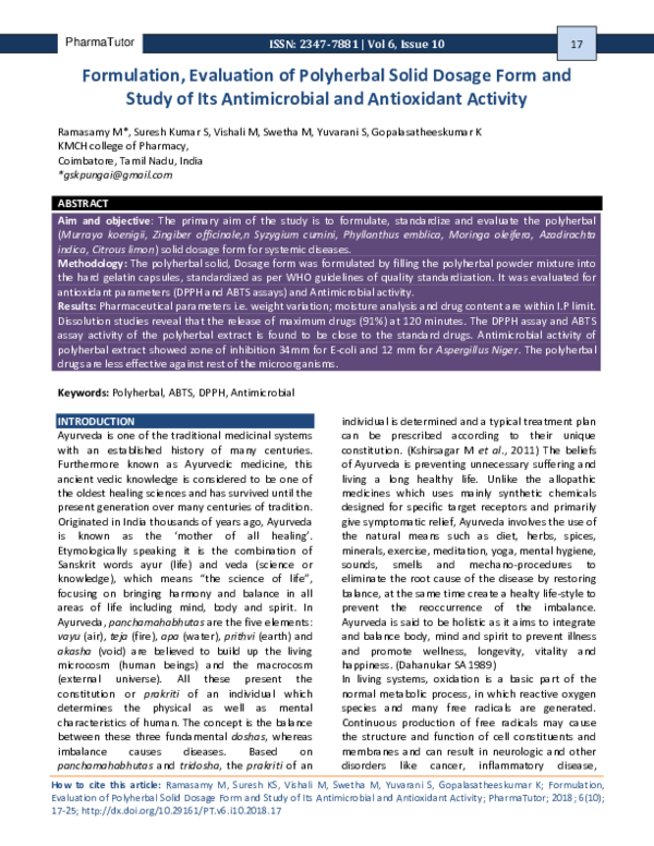 (PDF) Formulation, Evaluation of Polyherbal Solid Dosage Form and Study ...