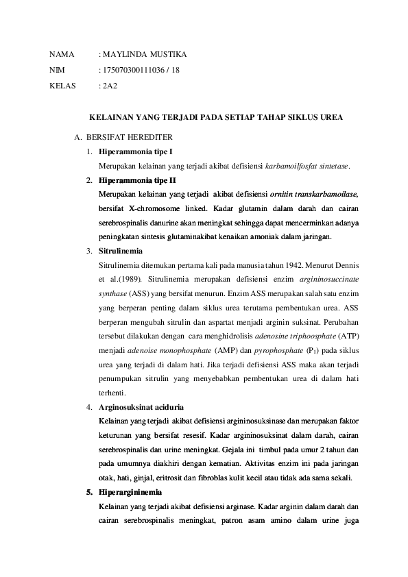(DOC) BIOKIMIA (KELAINAN YANG TERJADI PADA TAHAP SIKLUS UREA)