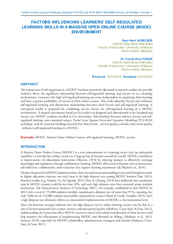 Pdf Factors Influencing Learners Self Regulated Learning Skills In A Massive Open Online