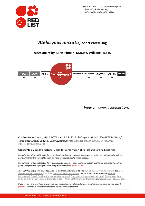(PDF) Atelocynus microtis, Short-eared dog. IUCN Red List of Threatened ...