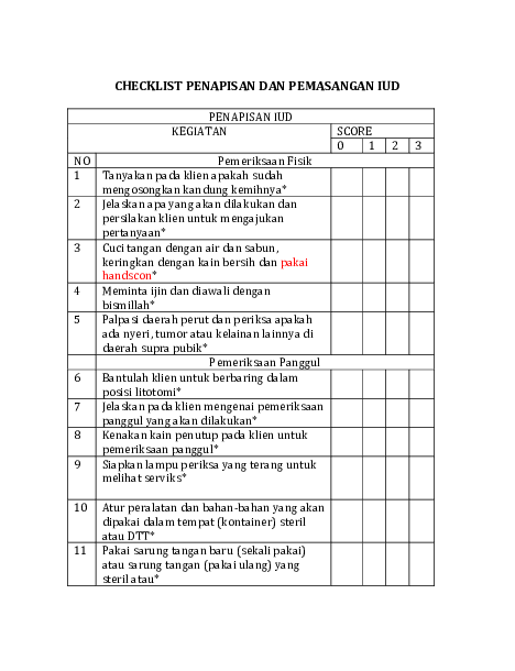 (DOC) CHECKLIST PENAPISAN DAN PEMASANGAN IUD fix