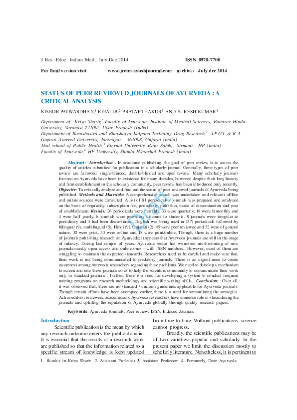(PDF) STATUS OF PEER REVIEWED JOURNALS OF AYURVEDA : A CRITICAL ANALYSIS