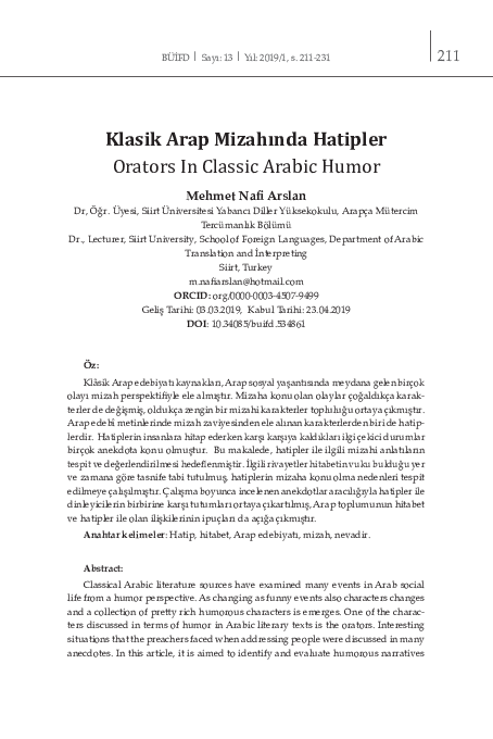(PDF) Klasik Arap Mizahında Hatipler Orators In Classic Arabic Humor