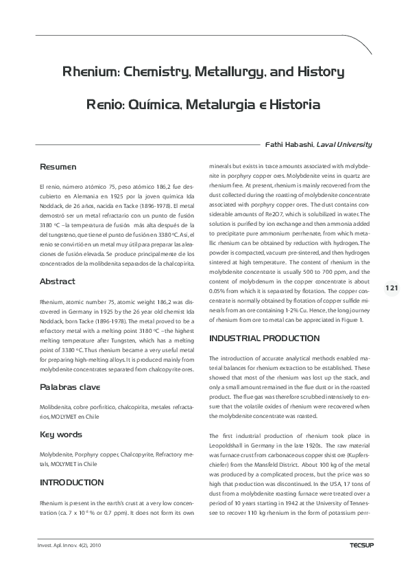 (PDF) Rhenium: Chemistry, Metallurgy, and History